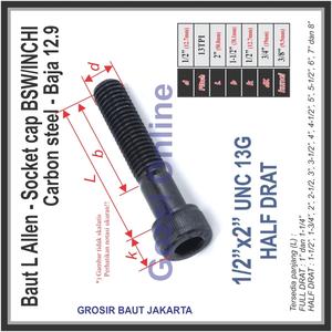 Jual Baut L Baja 12.9 INCHI 1/2" x 2" UNC 13TPI Half drat -Baut kunci L ...