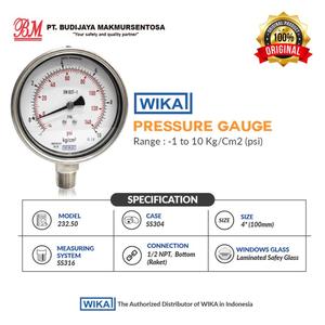 Jual PRESSURE GAUGE WIKA 232.50, SIZE 4" -1 to 10 Kg/Cm2 (PSI) - Kota ...