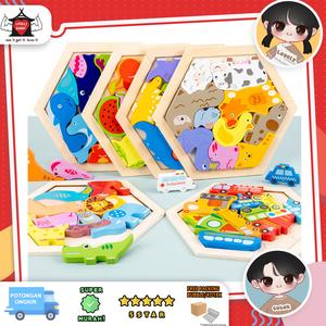 Jual Puzzle 3D hexagon animal angka anak, Puzzle cocokkan bentuk kayu ...