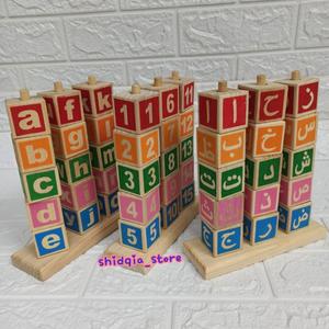 Jual Mainan Kayu Edukasi Menara Balok Susun Pinus Huruf, Angka Dan ...
