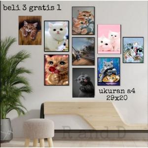 Jual Poster gambar kucing, hiasan dinding bingkai kayu ukuran A4,foto ...