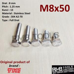 Jual M8x50 Baut Hex Stainless Steel 304 Grade A2-70 Pitch 1.25 Kunci 13 ...
