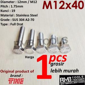 Jual M12x40 Baut Hex Stainless SUS 304 SS A2-70 Drat 1.75 Kunci 19 FT ...