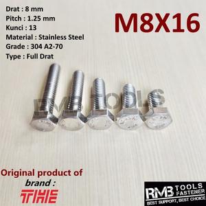 Jual M8x16 Baut Hex Stainless Steel 304 Grade A2-70 Pitch 1.25 Kunci 13 ...