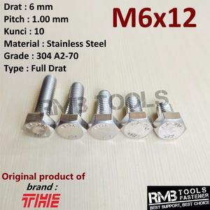 Jual M6x12 Baut Hex Stainless Steel 304 Grade A2-70 Pitch 1.00 Kunci 10 ...