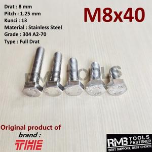 Jual M8x40 Baut Hex Stainless Steel 304 Grade A2-70 Pitch 1.25 Kunci 13 ...