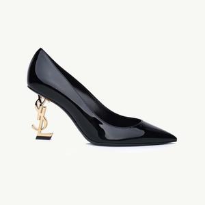 Jual sepatu YSL Opyum 85mm Pumps in Black Patent with Gold Logo Heels ...