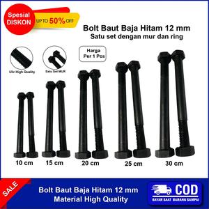 Jual Baut Mur Hitam Baja Ukuran 12 Mm Ukuran 10 15 20 25 30 Cm 1/2 ...
