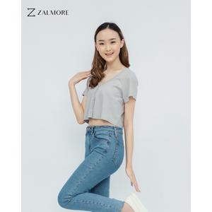 Promo Zalmore Crop Vneck Button T-Shirt - Kaos Crop Top Wanita - Dusty ...