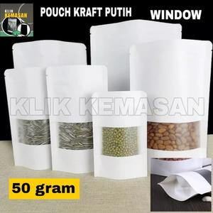 Jual STAND POUCH KRAFT PUTIH WINDOW 50 GR/KEMASAN KOPI/PLASTIK KLIP ...