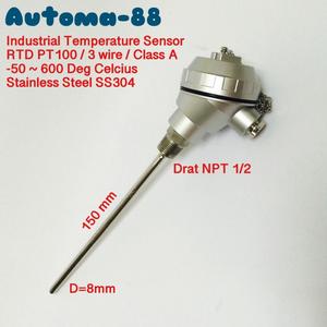 Jual Industrial Temperature Sensor PT100 15cm 3 wire NPT 1/2 150mm SS3 ...