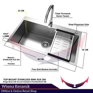 Jual Kitchen sink stainless steel sus 304 tebal 3 mm ukuran 6045 cm ...
