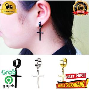 Promo Anting Salib Tindik Pria Wanita Hitam Silver Korea Anti Karat ...
