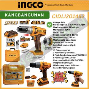 Promo Bor Baterai Fullset Cordless Impact Drill 20V 45Nm INGCO ...
