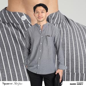 Promo Kemeja Garis Pria WOODCUTTER Collarless Spancer Stripes - Dark ...