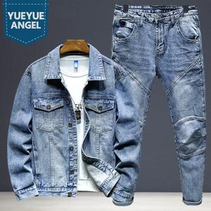 Jual Fashion Men Denim Jacket Jeans Two Piece Set Autumn Slim Fit ...