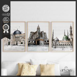 Jual (AP)1 Set Hiasan Dinding Islami 3 Lukisan Sketsa Landmark Islam ...