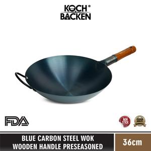 Promo KOCH&BACKEN Blue Carbon Steel Wok Wooden Handle Preseasoned 36cm ...