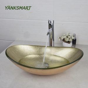 Jual YANKSMART Yellow Oval Glass Washroom Basin Vessel Vanity Sink ...