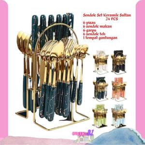 Jual SENDOK SET EMAS GAGANG KERAMIK DENGAN RAK MEWAH 24 PCS/ Marble Set ...