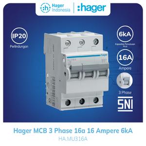 Promo Hager MCB 3 Phase 16a 16 Ampere 3P 3 Pole 16 Amper 6kA MU316A - Jakarta Barat - Hager ...