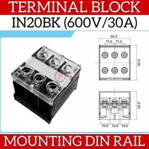 Jual IN20BK Terminal Block Blok Listrik Mounting Din Rail 600V 30A 3 ...