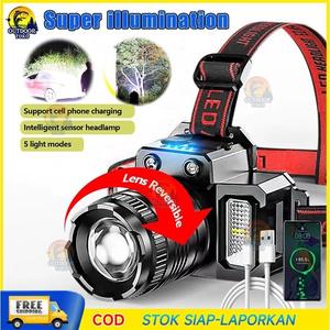 Jual Lampu Kepala LED Super Terang 5000 Lumen dengan Sensor Tangan USB Charging Senter Sorot ...
