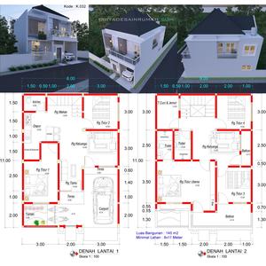 Jual Denah Rumah 2 Lantai Desain Minimalis Mewah Modern Lebar 8 x 11 ...