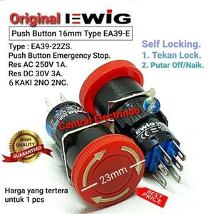 Jual Push Button Emergency Stop EWIG EA39-22ZS Locking 16mm 6 Kaki 2NO ...