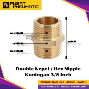 Jual 3/8" Male Thread Straight Fitting Connector Double Nepel Brass Hex Nipple Drat Luar ...