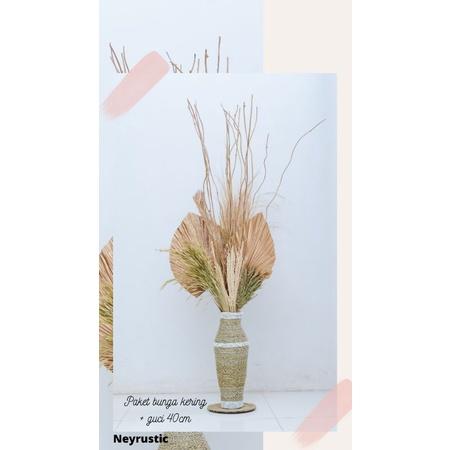Promo Paket bunga kering gold emas + pot guci aesthetic - Bunga+vas ...