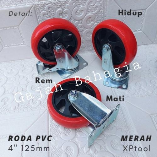 Jual Roda PVC 4 inch 100 mm merah Hidup Mati Rem Roda kastor troli ...
