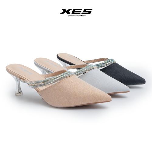 Promo XES ZIVA-502 Sandal Heels Canvas Glitter Wanita 7cm Black Shoes ...