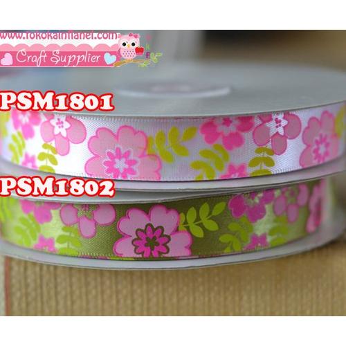 Jual PSM18 Pita Satin Motif Bunga Pink Berdaun Hijau 5/8 inch (Per ...