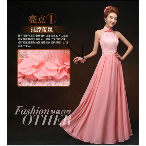 Jual Gaun pesta wanita / long dress model leher dan renda pink semangka ...