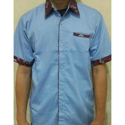Jual kemeja seragam kerja biru muda kombinasi batik merah - Jakarta ...