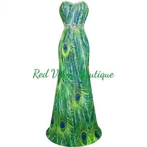 Jual Print Chiffon Dress Baju Pesta Gaun Bulu Burung Merak Panjang ...