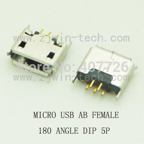 Jual Micro USB AB Type Socket Female USB 2.0 Connector 5 Pin 180 Angle ...