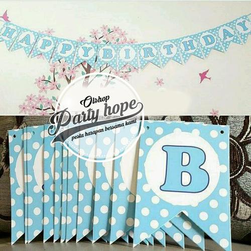 Jual Bunting flag HBD biru polkadot/ banner HBD biru/ bunting flag ...