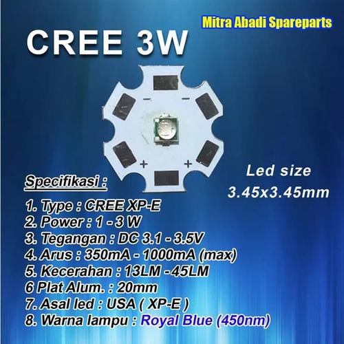 Jual HPL 3W/High Power LED 3 Watt CREE XP-E Royal Blue 450nm 20mm ...