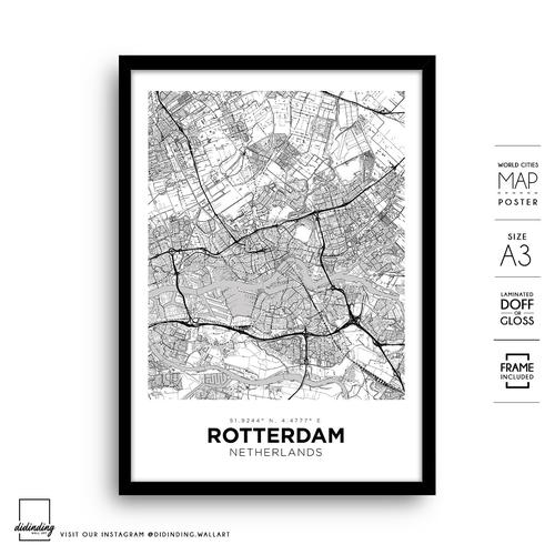 Jual Rotterdam City Map Art Minimalis Wall Decor Poster Peta Belanda A3 ...