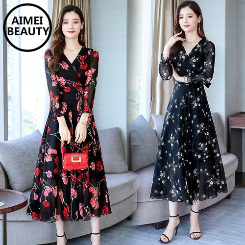 Jual Maxi Dress Korea Casual Dress Floral Model Lengan Panjang Motif ...