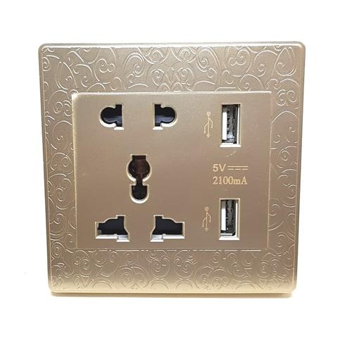Jual ⚂Gold Texture Wall Mount Plug UK US EU AU 2 USB -Colokan Dinding ...