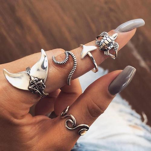 Jual 5Pcs/Set Boho Women Turtle Wave Whale Tail Knuckle Midi Finger ...
