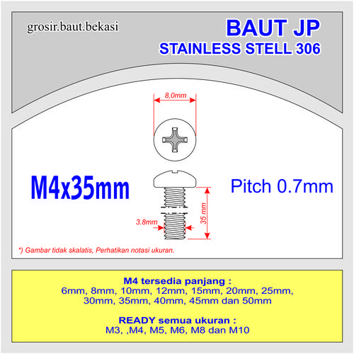 Jual Baut JP - M4 x35mm - Kepala Obeng Plus - Stainless Steel 304 - Kota Bekasi - Gozel Fastener ...