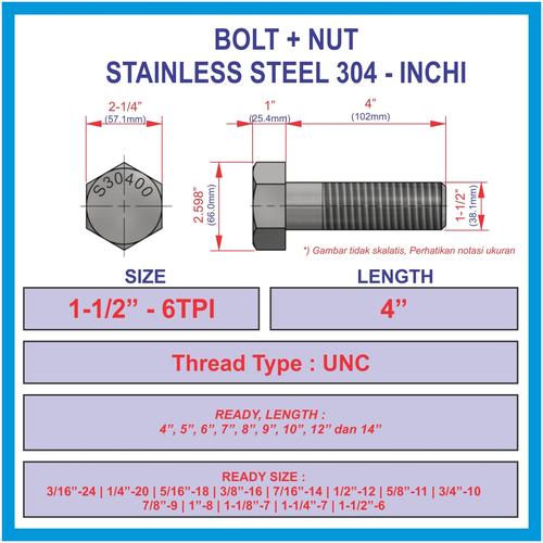 Jual Baut mur INCHI - 1-1/2" x4" 6TPI - Stainless steel - Baut UNC ...
