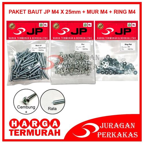 Jual PAKET 3 SET JP M 4x25 BAUT MUR RING PLAT M 4 x 25 MUR M4 ISI 100 ...