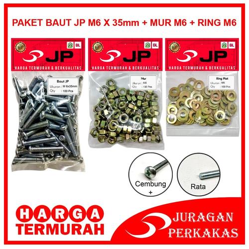 Jual PAKET 3 SET JP M 6x35 BAUT MUR RING PLAT M 6 x 35 MUR M6 ISI 100 ...