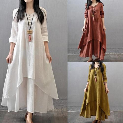 Jual Long Dress Model Longgar Warna Polos Gamis Bahan Linen Ada Ukuran ...
