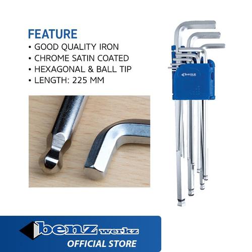 Jual Kunci L Set 9 Pcs 225 mm / Hex Ball Key / Hexagonal Key Benz Werkz ...